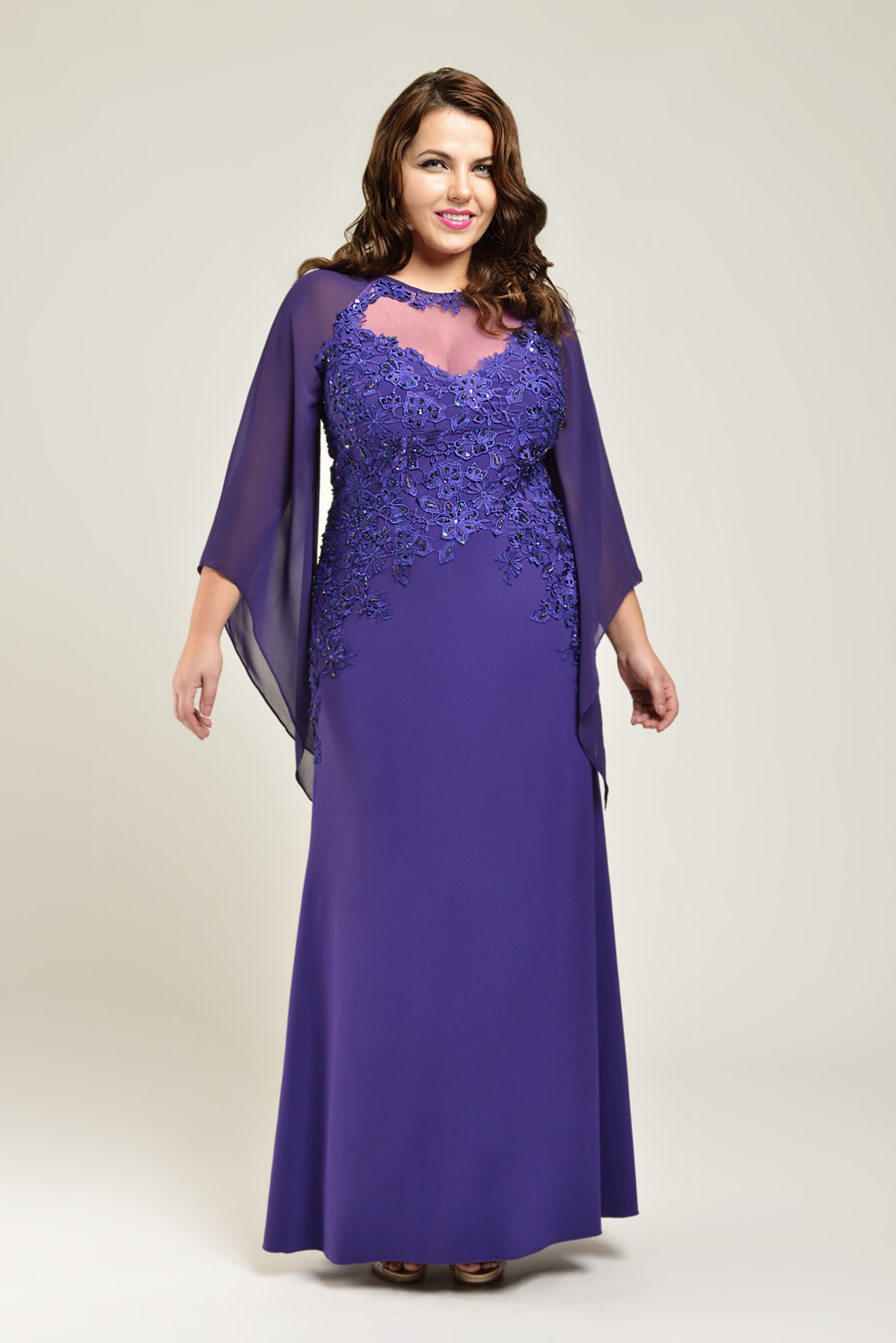 Plus Size Chiffon And Lace Sleeved Evening Dress Reduced At Ball Gown